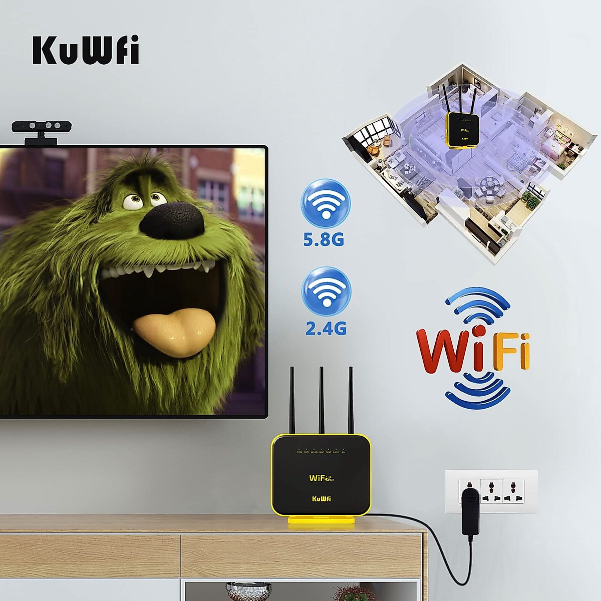 KuWFi vSIM Hotspot 4G LTE Router 1200Mbps Dual Band Gigabit WiFi External Antenna with US 2GB Data vSIM Router Offer high-Speed Data Plans to accommodate RV orRural No Contract Plug and Play