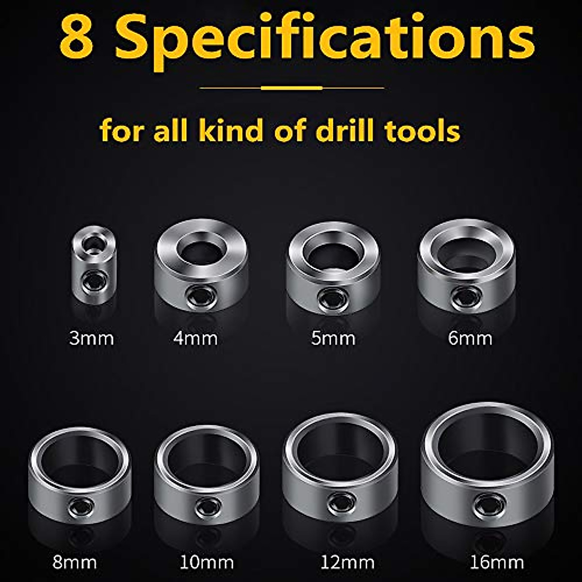 Rocaris Drill Stop Bit Collar Set – Kit Includes: 1/8", 3/16”, 1/4”, 5/16”, 3/8”, 7/16”, 1/2” and 5/8” Inch with Allen Wrench to Tighten The Stops Set-Screws (8-Piece)