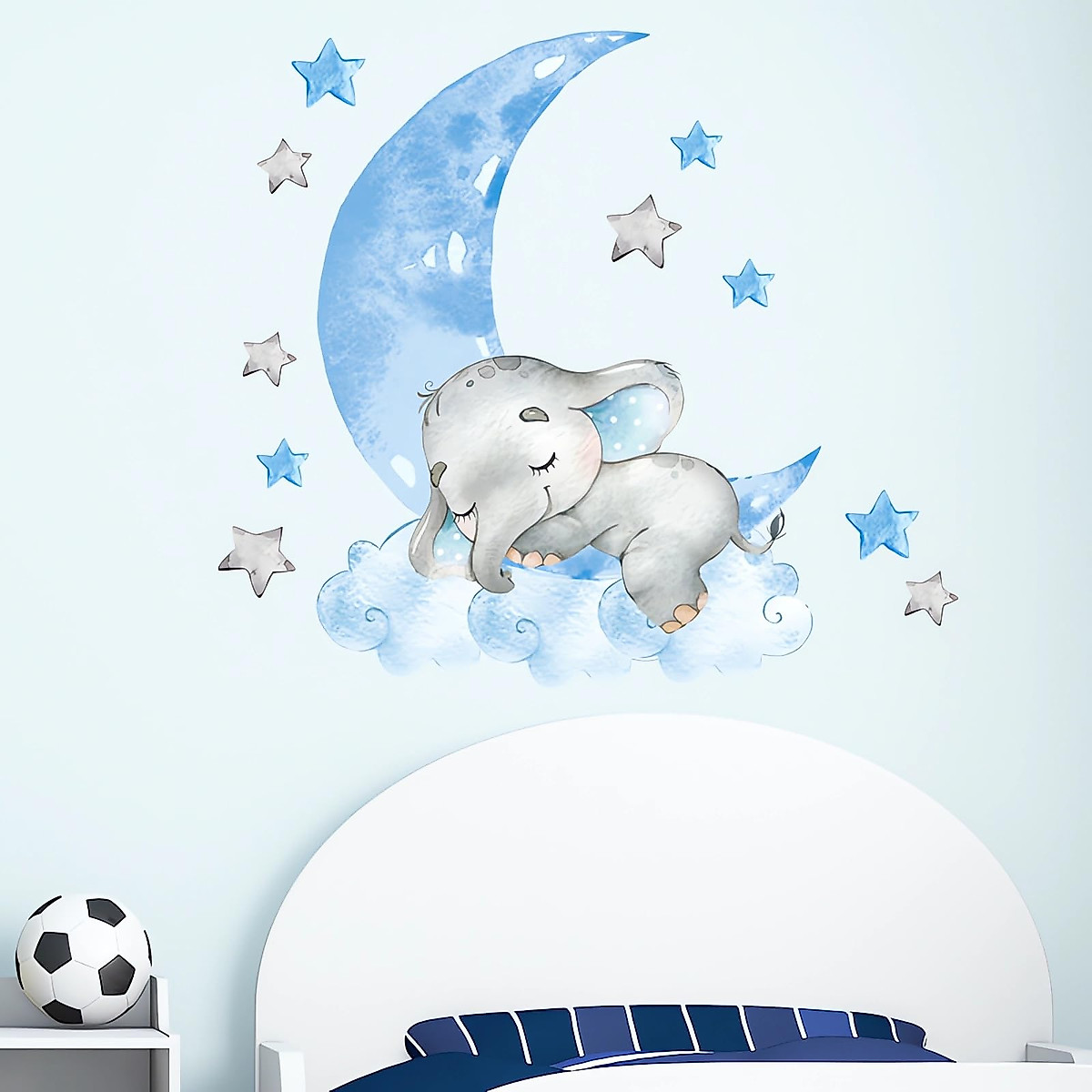 Cute Blue Sleeping Baby Elephant Wall Stickers, sacinora Moon and Stars DIY Art Wall Decals Removable Vinyl Peel and Stick for Kids Baby Boys Nursery Bedroom Toddler Room Decorations