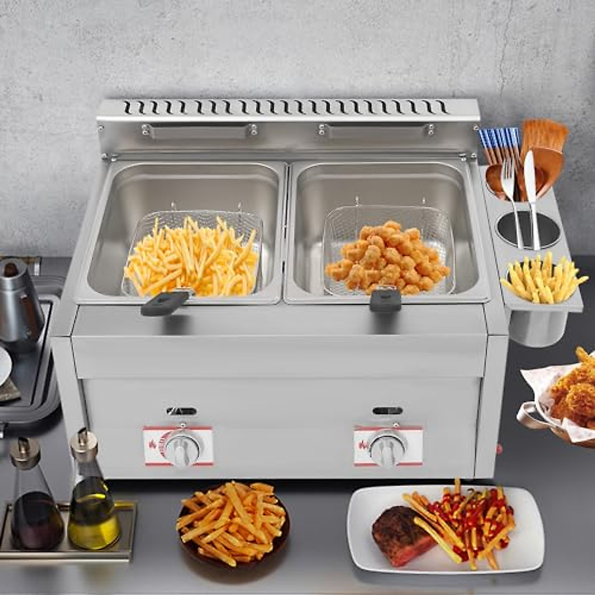 Deep Fryer Electric Deep Fat Fryers with 2 Baskets Commercial Countertop LPG Gas Fryer with Lid Stainless Steel 6L*2 Deep Fryer for French Fries Turkey Donuts Restaurant Home Kitchen