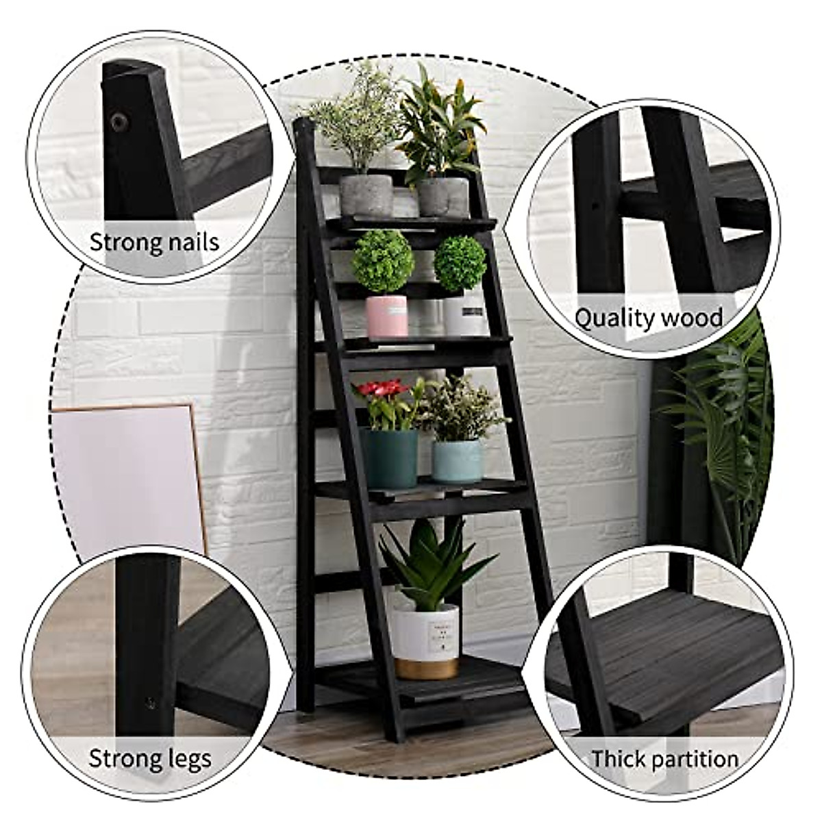Babion Ladder Shelf, 4-Tier Ladder Bookshelf, Black Bookcase with Shelves, Storage Rack Plant Stand for Home, Bedroom, Bathroom,Office, 16 x 14 x 46 Inch, Industrial Style, Wood Frame