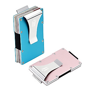 Yeacun Minimalist Women Man Aluminum Metal RFID Blocking Anti-Theft Wallet, Blue Pull-Out Design Convenient Credit Card Holder