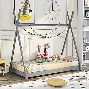 Merax Twin Size House Beds, Wood Platform Bed with Triangle tructure for Boys & Girls, No Box Spring Needed, Grey