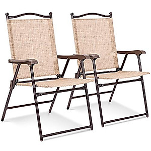 Giantex Set of 2 Patio Folding Chairs, Sling Chairs, Indoor Outdoor Lawn Chairs, Camping Garden Pool Beach Yard Lounge Chairs w/Armrest, Patio Dining Chairs, Metal Frame No Assembly, Yellow