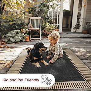 nuLOOM 7' Round Outdoor Area Rug, Casual Design With Striped Border, Stain Resistant, Highly Durable, For Patio, Balcony, Bedroom, Living Room, Dining Room, Bathroom, Dark Grey