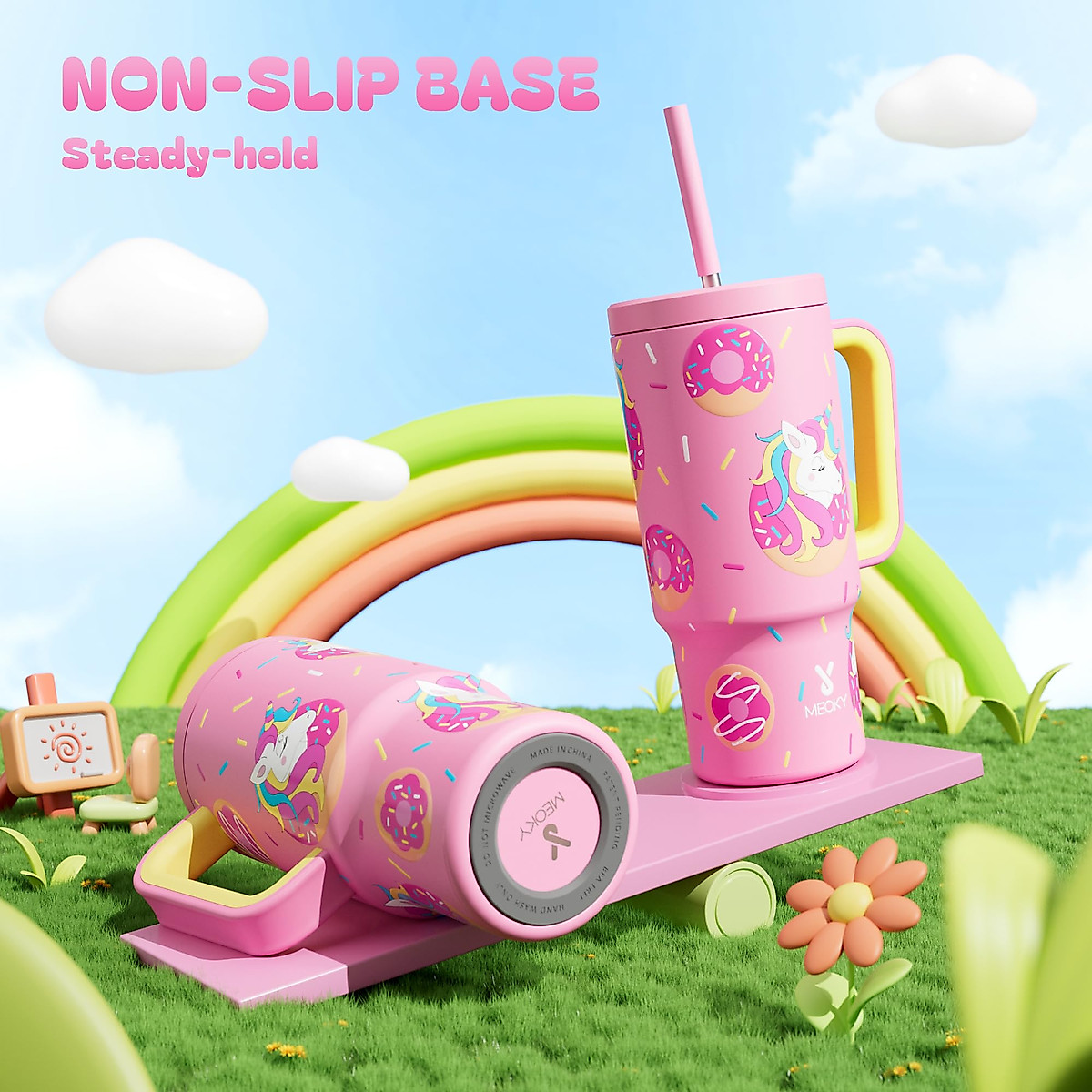 Meoky 24 oz Tumbler with Handle and Straw, 100% Leak-proof Tumbler with Lid and Straw, Insulated Stainless Steel Travel Coffee Mug, Keeps Cold for 24 Hours (Unicorn & Celebration)