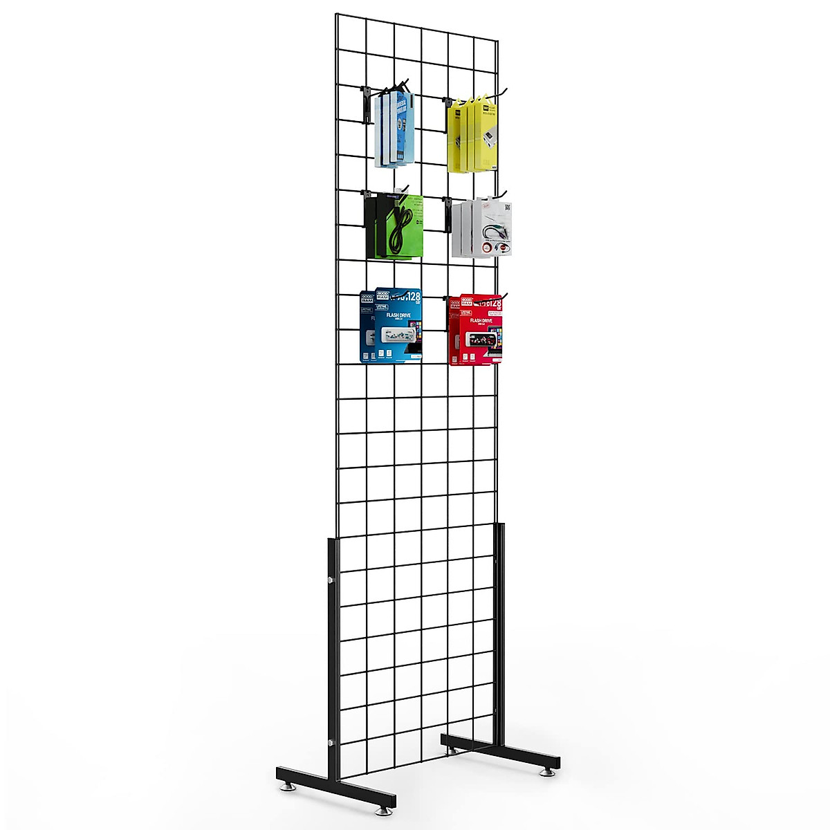 Bonnlo 2' x 6' Standing Grid Panel Tower, Thicker 5mm Wire, 180 LBS Weight Capacity Grid Wall with T-Legs, Grid Rack for Retail Display with Extra Hooks (1)