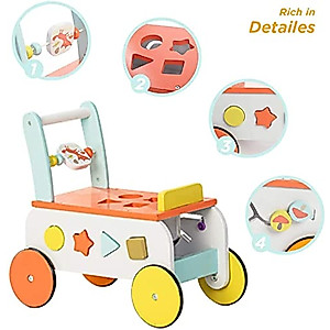 labebe Baby Walker with Wheel, 3-in-1 Wooden Activity Walker for Kids 1-3 Years, Baby Push Walker Girl&Boy/Wooden Push Toy/Walker Toy Infant/Baby Wagons/Learning Walker/Push Cart Toy Orange