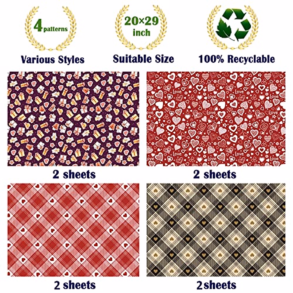 GIOLNIAY Valentine's Day Wrapping Paper for Men Women - Red Heart, White&Red Plaid, Brown&Black Plaid, Pink Gift Wrap for Wedding, Birthday, Mother's Day, Father's Day, 74*52CM per Sheet (8 Folded Sheets), Recyclable, Easy to Store
