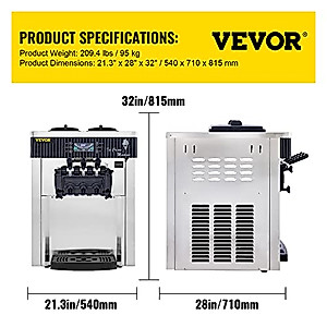 VEVOR Commercial Ice Cream Machine 5.3 to 7.4Gal per Hour Soft Serve with LED Display Auto Clean 3 Flavors Perfect for Restaurants Snack Bar, 2200W, Sliver