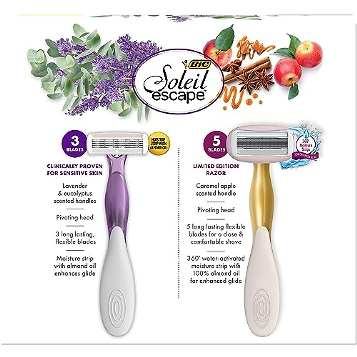 BIC Soleil Escape Women's Disposable Razor 3 Blade Set, Moisture Strip With Almond Oil, Lavender and Eucalyptus Scented Handles, Includes Bonus Caramel Apple, 8 Razors