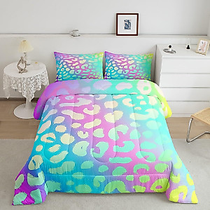 Cheetah Print Bedding Set Twin,Glitter Kawaii Down Comforter Pastel Pink Teal Gradient Tie Dye Comforter Set Watercolor Leopard Skin Bed Quilt Kids Girls African Safari Animals Bedroom Decor