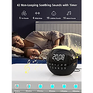 White Noise Machine with 42 Non Looping Natural Sleeping Sounds for Baby Adults,Dual Alarm Clock for Bedrooms with 2 Charger Ports,7 NightLights,6 Timers,9 Alarms,Adjustable Brightness,Memory Function