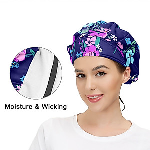 Shutiall Working Cap with Button and Sweatband Adjustable Tie Back Bouffant Hats Printed Multi Color for Woman Man.Flowers