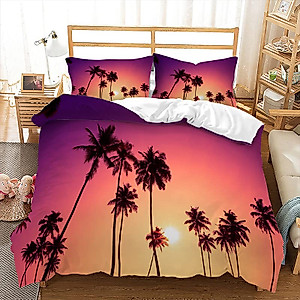 Jingzhang Ocean Duvet Cover Set 3Pcs Sunset Palm Trees Silhouette Bedding Sets with Zipper Dreamy Dusk Exotic Ocean Scenery Quilt Cover with 2 Pillow Shams,Queen Size