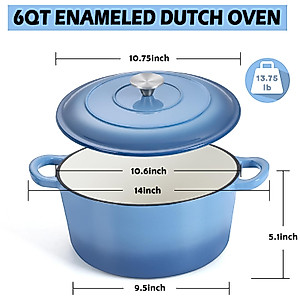 TeamFar 6QT Dutch Oven with Lid, Enameled Nonstick Cast Iron Dutch Oven Cooking Pot for Stewing Baking Braising, Various Stoves & Oven Safe, Toxic Free & Solid, Dual Handles & Easy Cleanup - Blue