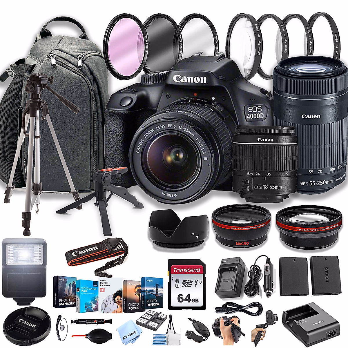 Canon EOS 4000D (Rebel T100) DSLR Camera w/EF-S 18-55mm F/3.5-5.6 Zoom Lens + 55-250mm f/4-5.6 is STM Lens 100S Sling Backpack + 64GB Memory Cards, Professional Photo Bundle (42pc Bundle) (Renewed)