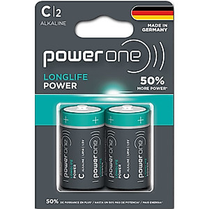Power ONE LONGLIFE Power C Battery | Long Performing Alkaline Batteries Made in Germany with Up to 10 Years Shelf Life - Pack of 2