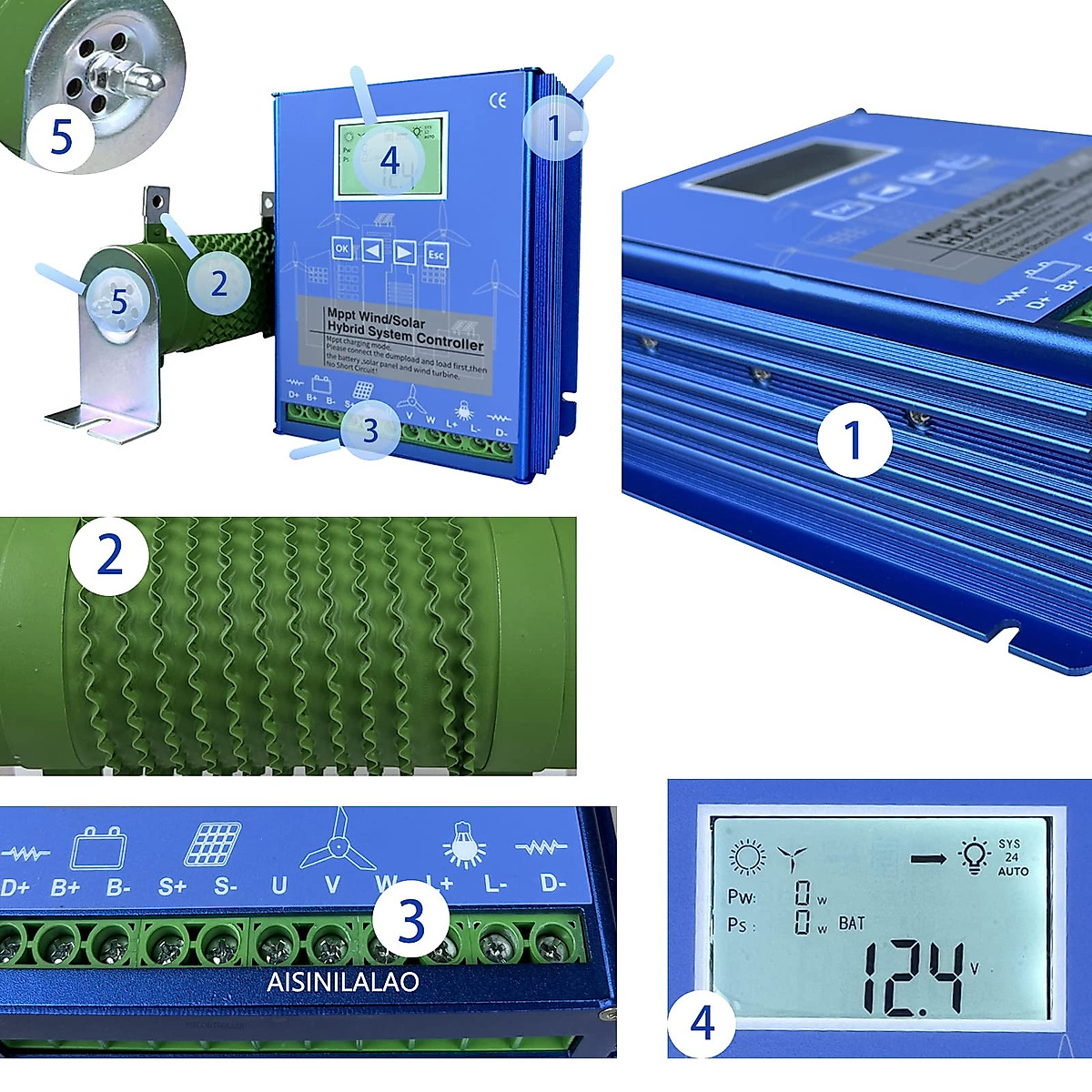 AISINILALAO Wind Solar Hybrid Charge Controller, 3000W 12V/24V/48V Wind Solar MPPT Charge Boost Controller with LCD Display Universal for Off Grid Wind Solar Hybrid System(Blue),48v