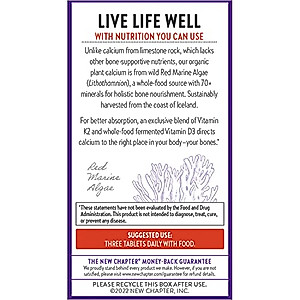 New Chapter Calcium Supplement - Bone Strength Organic Calcium with Magnesium, Vitamin D3+K2, 70+ Trace Minerals for Bone Health, Gluten Free, Easy to Swallow - 120 Slim Tablets