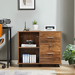 GreenForest Wooden File Cabinet 2 Drawer Lateral Filing Cabinet with Lock Mobile Printer Stand on Wheels with Open Storage Shelves for Home Office Fit Letter Size or A4 Folders, Walnut