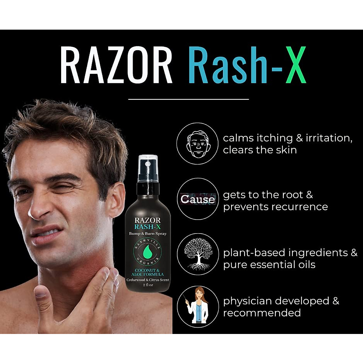 Dr. A's Razor Rash-X Skin Clearing Spray | Natural Bump & Burn Relief Serum & Ingrown Hair Eliminator | Organic Aloe Vera, Witch Hazel, Neem Oil & Tea Tree Formula | Clean Citrus Scent For Men & Women