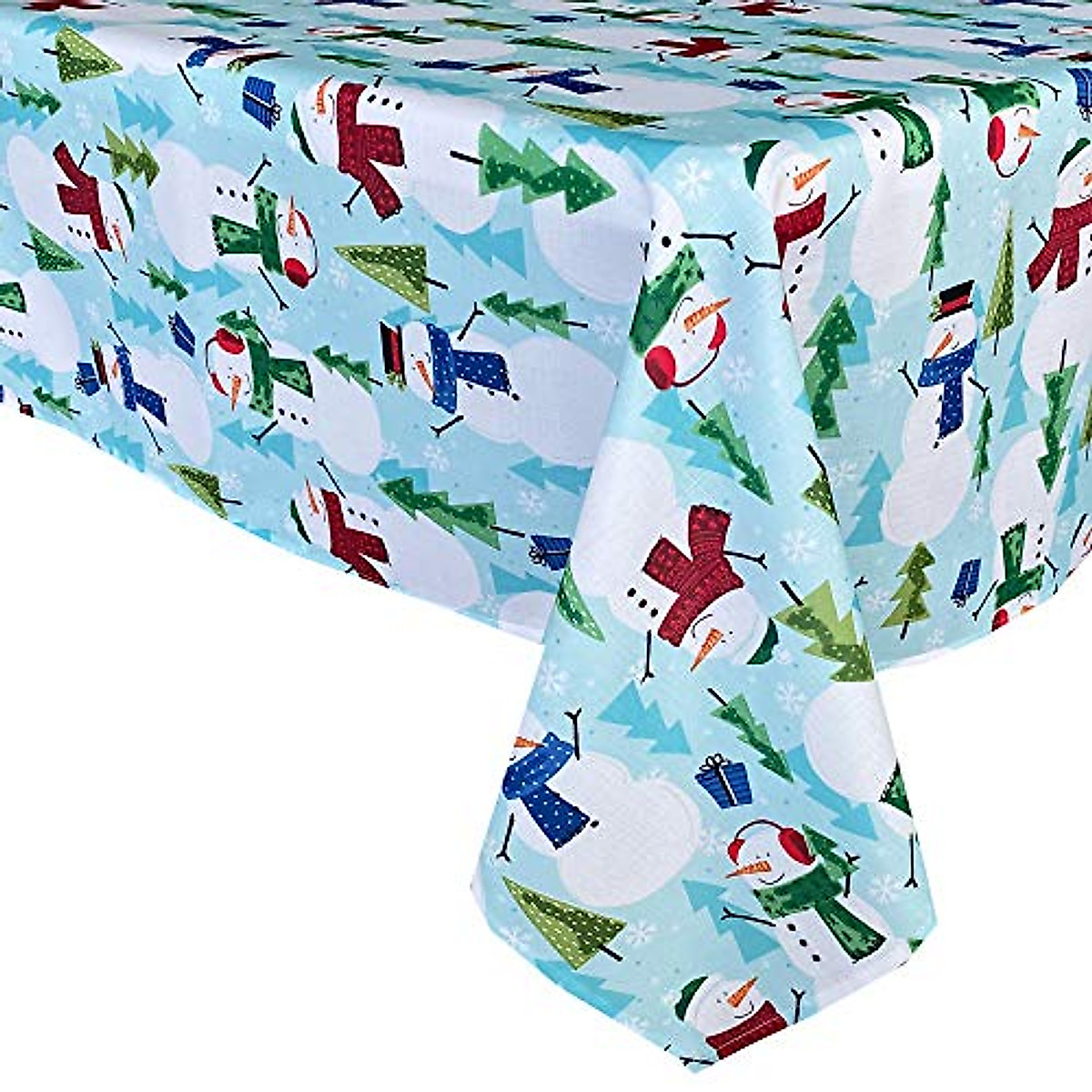 Newbridge Blue Snowman Fun Christmas Fabric Tablecloth, Cheerful Snowmen and Evergreen Tree Print Xmas Soil Resistant, No Iron Easy Care Tablecloth, 60 Inch x 102 Inch Oblong/Rectangle