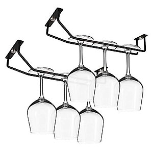 10.8 Inch Long Single Rail Wine Glass Rack Under Cabinet Cupboard, Yimerlen Metal Stemware Holder Wine Glass Holder Wine Glass Hanger for RV Mini Bar Kitchen Storage (Black- 2 Pack)