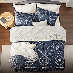 Bedsure Twin Comforter Set - Twin Bed Set 5 Pieces, Reversible Navy Blue Bed in a Bag Tree Branch Pattern Printed with Comforter Twin Size, Sheets, Pillowcase & Sham