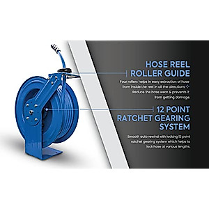 BLUSEAL BSWR5850 Retractable Hose Reel with 5/8" x 50' Hot Water Rubber Hose, 6' Lead-in, 500 PSI, Brass Fittings, Swivel Mount Hose Reel, 9 Pattern Spray Nozzle