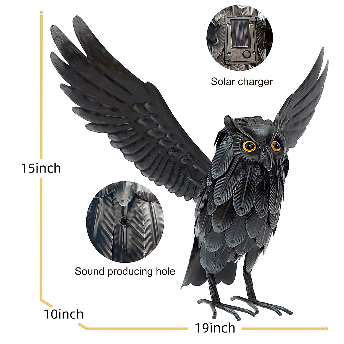 Natelf Solar Owl Decoy Sculptures & Statues Halloween Decoration, Standing Metal Bird Deterrent to Scare Birds Squirrels Away for Outdoor Garden Yard Patio, Black
