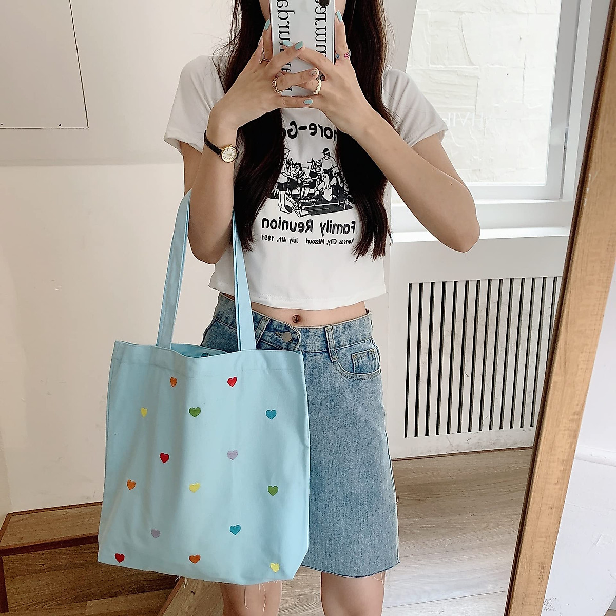 DAYLINE Women canvas Tote Bag for Women Girls Kids school Shoulder Bag Reusable Tote Bags, Cotton Canvas Cloth for Grocery, Shopping (Blue)