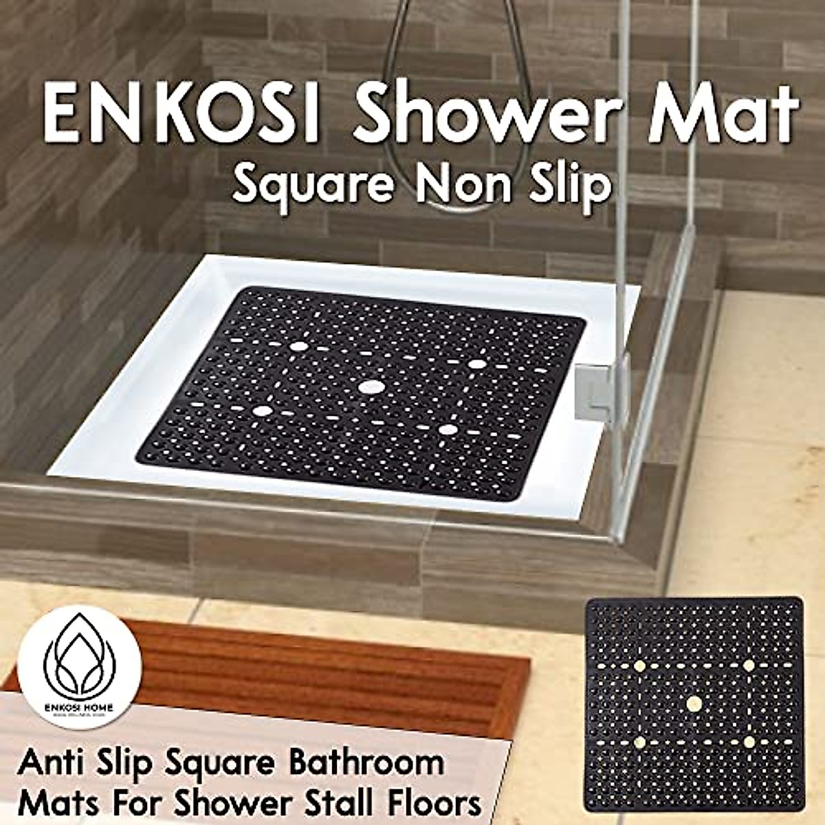 ENKOSI Large Square Shower Mat Non Slip - Non Slip Shower Mats - Bathroom Shower Mat - Black Shower Mat - No Slip Shower Mats - Shower Floor Mat - Shower Mats for Showers Anti Slip (Black 27x27)