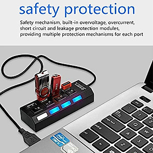 Lysee USB Cables - USB Hub 2.0 Multi USB 2.0 Hub High Speed LED 4 / 7 Ports USB Splitter for PC Computer Accessories Laptop with ON/of - (Color: Red, Length: SATNGARD)