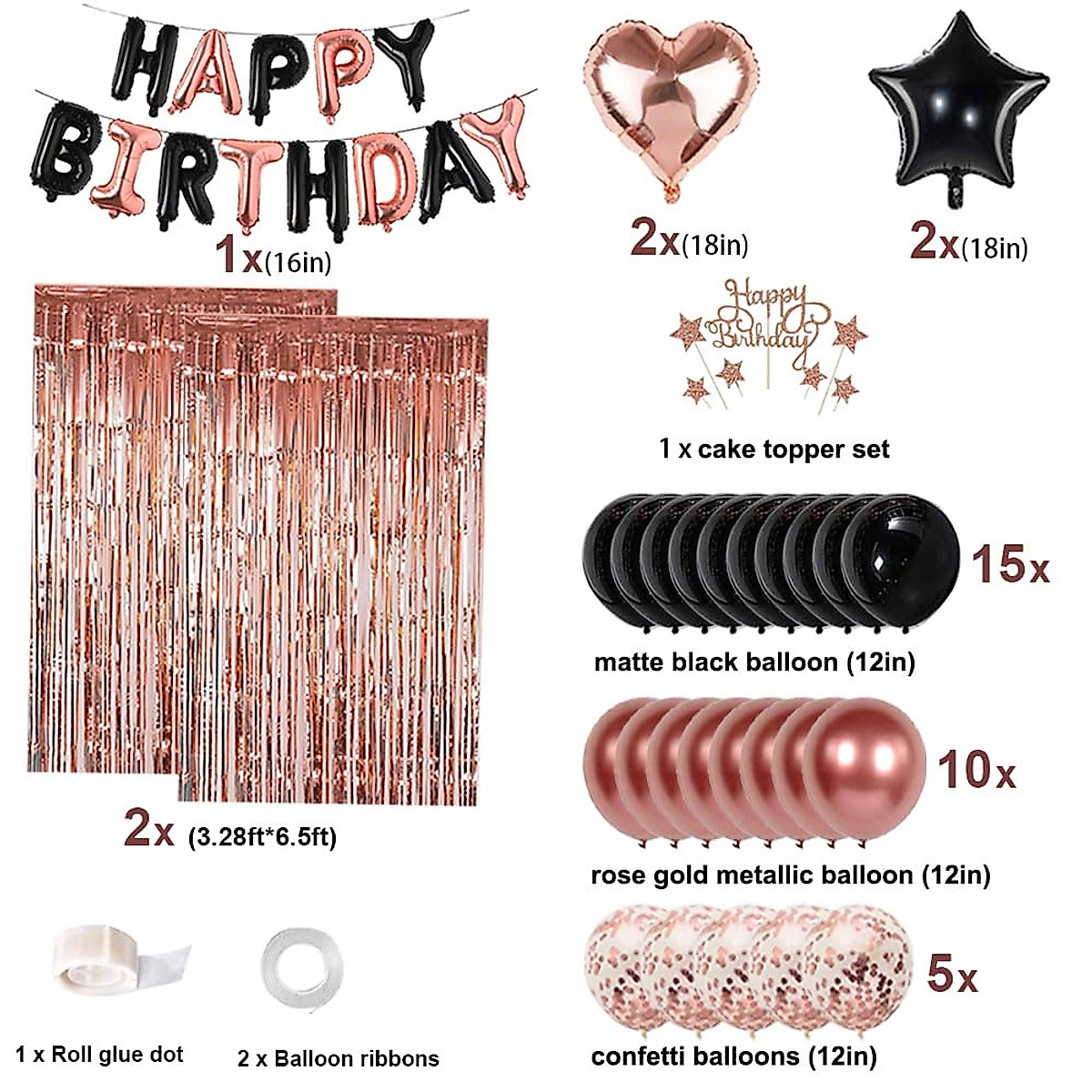 Rose Gold Black Happy Birthday Party Decorations for Women Girls, Decor Set for Her, Happy Birthday Banner, Foil Balloons, Fringe Curtains, Crown, Cake Topper for 13th 16th 18th 21st 30th 40th 50th