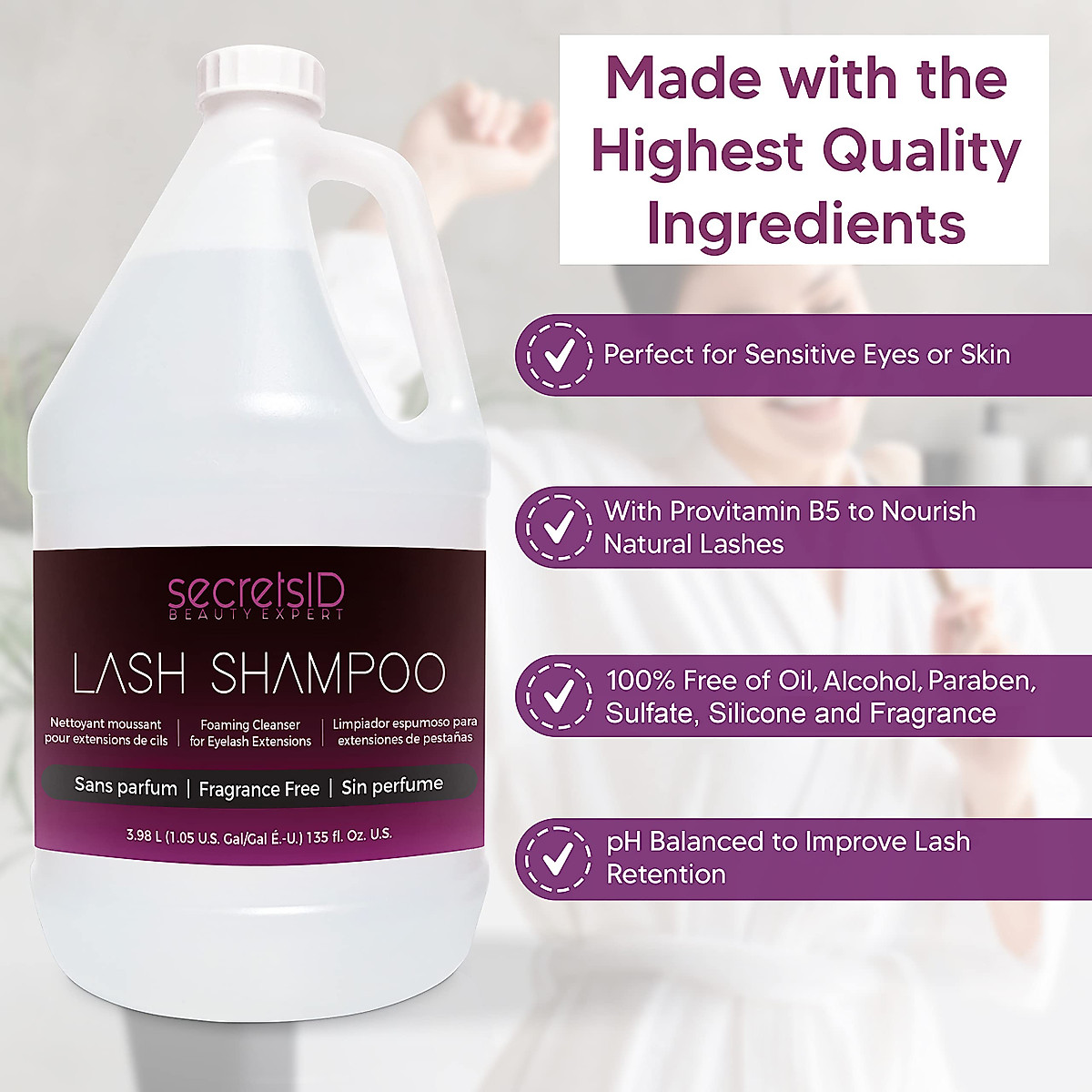 SecretsID Professional Lash Shampoo for Lash Extensions - Lash Shampoo Bulk 1 Gallon - Premium Lash Extension Shampoo & Lash Wash w/ 50 Lash Aftercare Cards