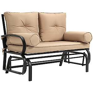 Outsunny Swing Glider Rocking Chair, Double Patio Bench, 2 Person Loveseat with Steel Frame, Cushions, Pillow Armrests, Khaki