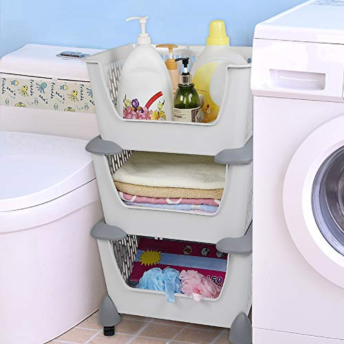 Hommp Gray Plastic Stacking Storage Organizer Basket with Wheels, Multi-function Stackable 3-Tier Storage Basket