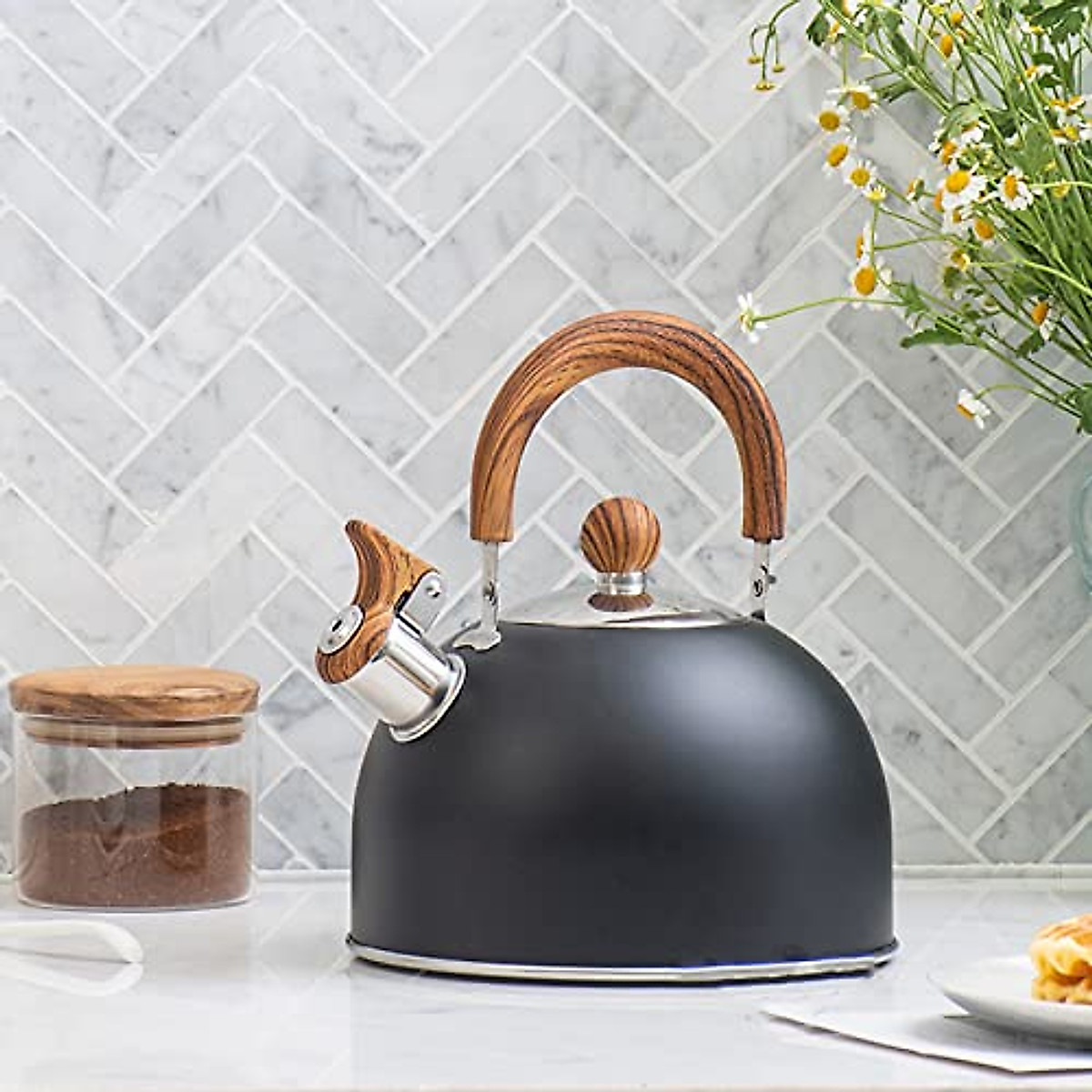 Stainless Steel Whistling Tea Kettle, 2.2 QT / 88 OZ Vintage Black Teapot with Wood Pattern Folding Handle, Stovetop Kettle for Tea, Water, Coffee, Milk, etc, Gas Electric Applicable