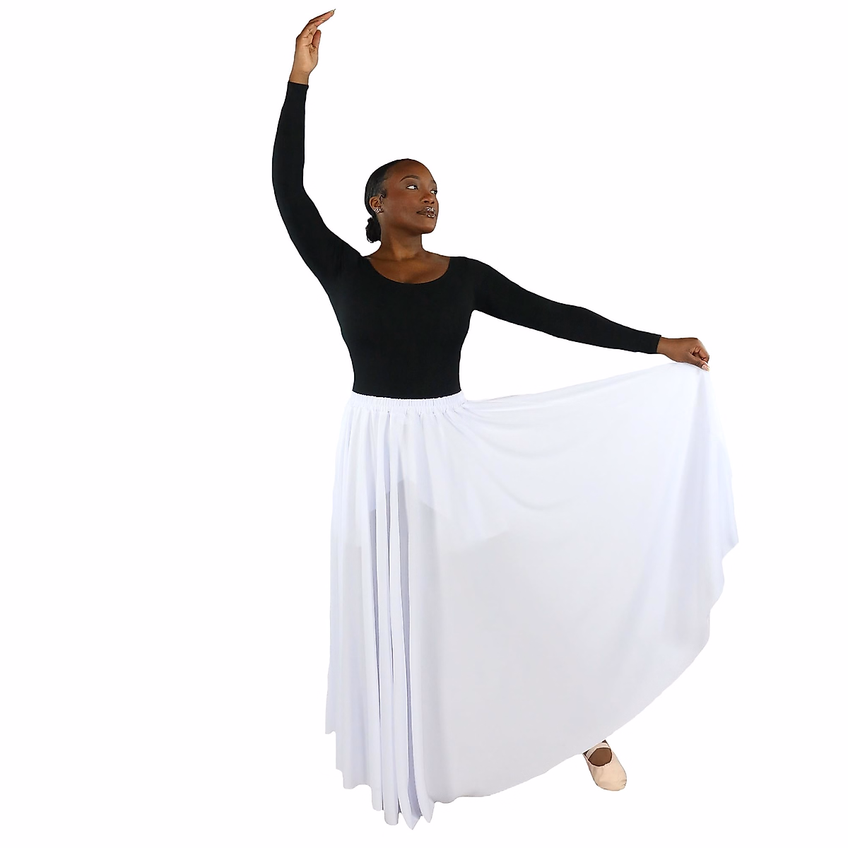 Danzcue Womens Long Full Circle Dance Skirt, White, S-M