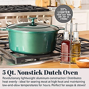 Granitestone Dutch Oven, 5 Quart Ultra Nonstick Enameled Lightweight Aluminum Dutch Oven Pot with Lid, Round 5 Qt. Stock Pot, Dishwasher & Oven Safe, Induction Capable, 100% PFOA Free, Emerald Green
