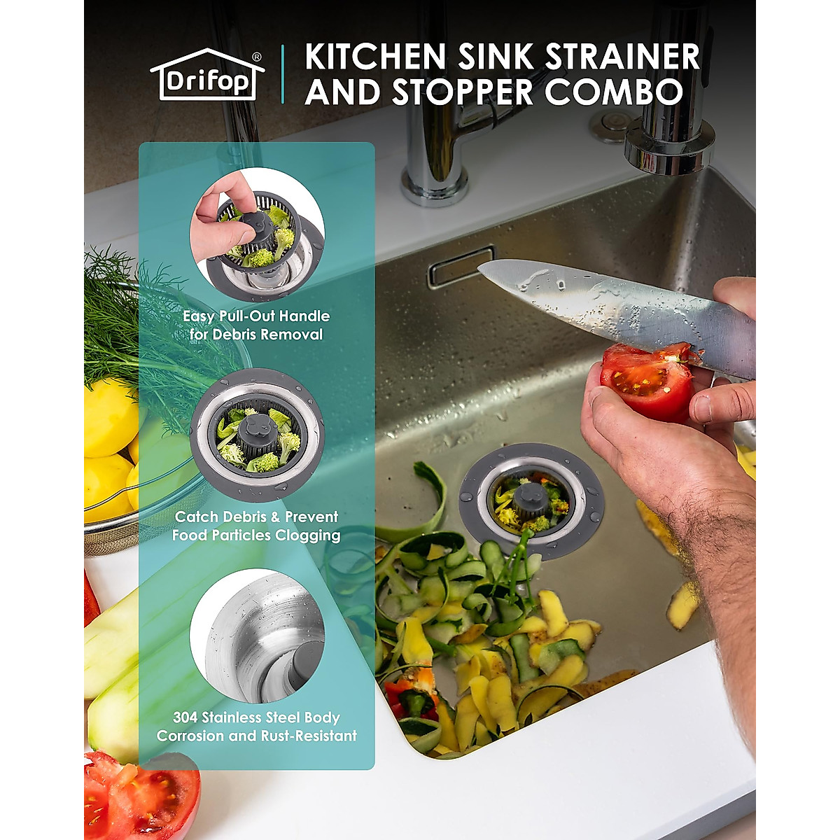 Drifop 3 in 1 Kitchen Sink Stopper and Strainer Combo, Pop Up Stainless Steel Kitchen Drain Strainer, Anti-Clogging Sink Strainer Basket with Handle for Standard 3-1/2 inch Drain, 1Pack