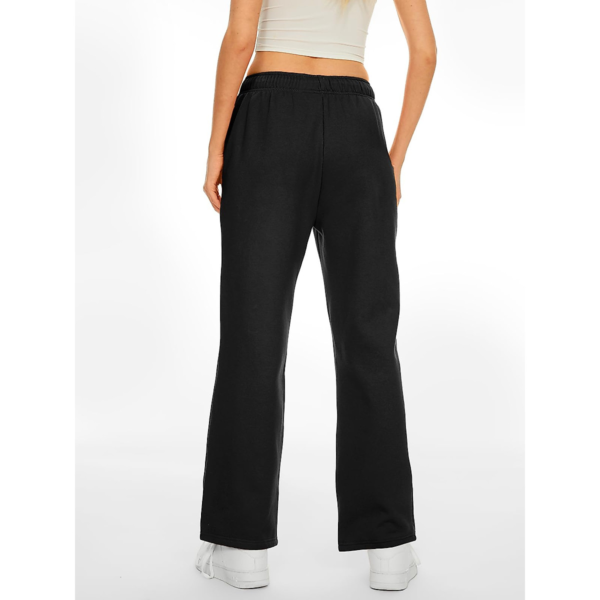 AUTOMET Women's Sweatpants Fleece Lined Baggy Open Bottom Sweat Pants Wide Straight Leg Yoga Joggers with Pockets Black S