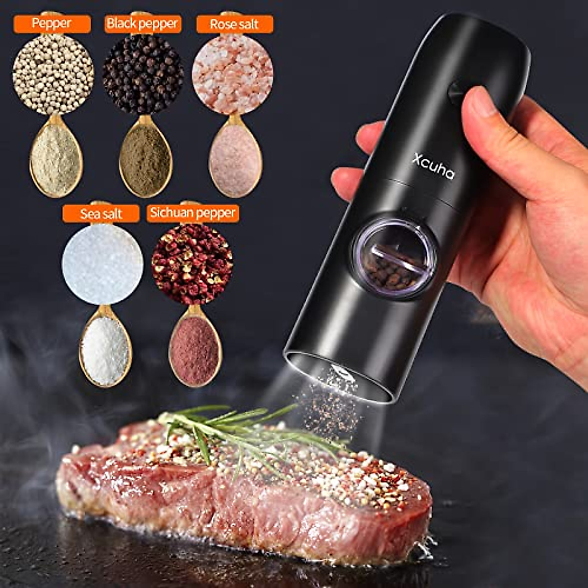 Rechargeable Automatic Salt and Pepper Grinder Set: Rechargeable Base Adjustable Coarseness Refillable Large Capacity One Hand Operated White LED Light Black Electric Spice Peppercorn Mill Shakers