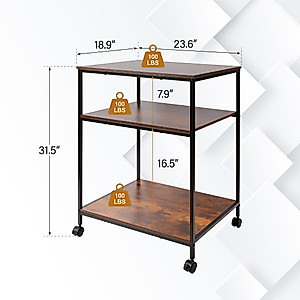 EMERIT Large Printer Stand, 23.6" W x 18.9" D x 31.5" H Printer Table with Adjustable Storage Shelf, 3 Tier Rolling Laser Printer Cart with Wheels for Home Office- Support 100 LBS Each Tier