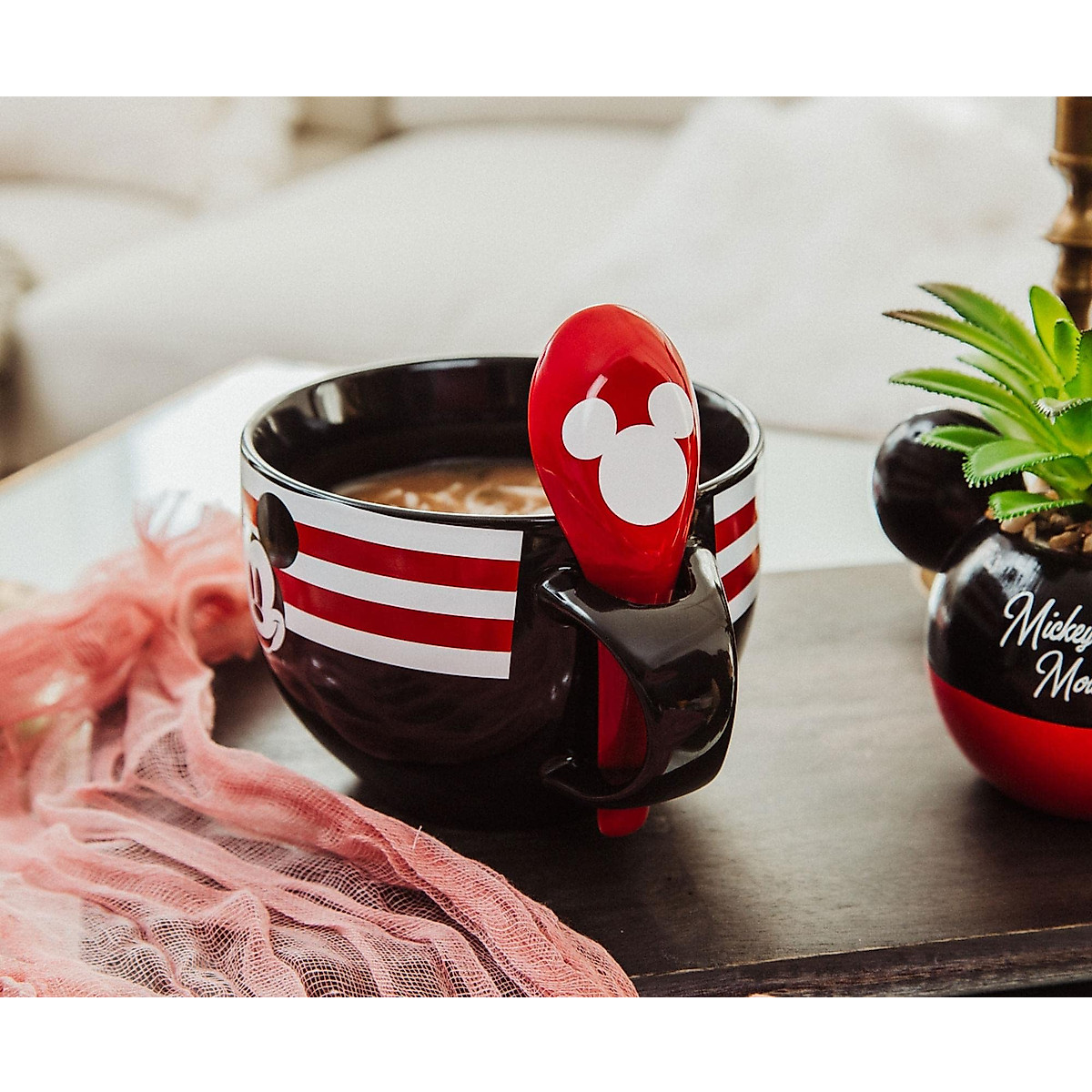 Disney Mickey Mouse Red-Striped Ceramic Soup Mug With Spoon | Holds 24 Ounces