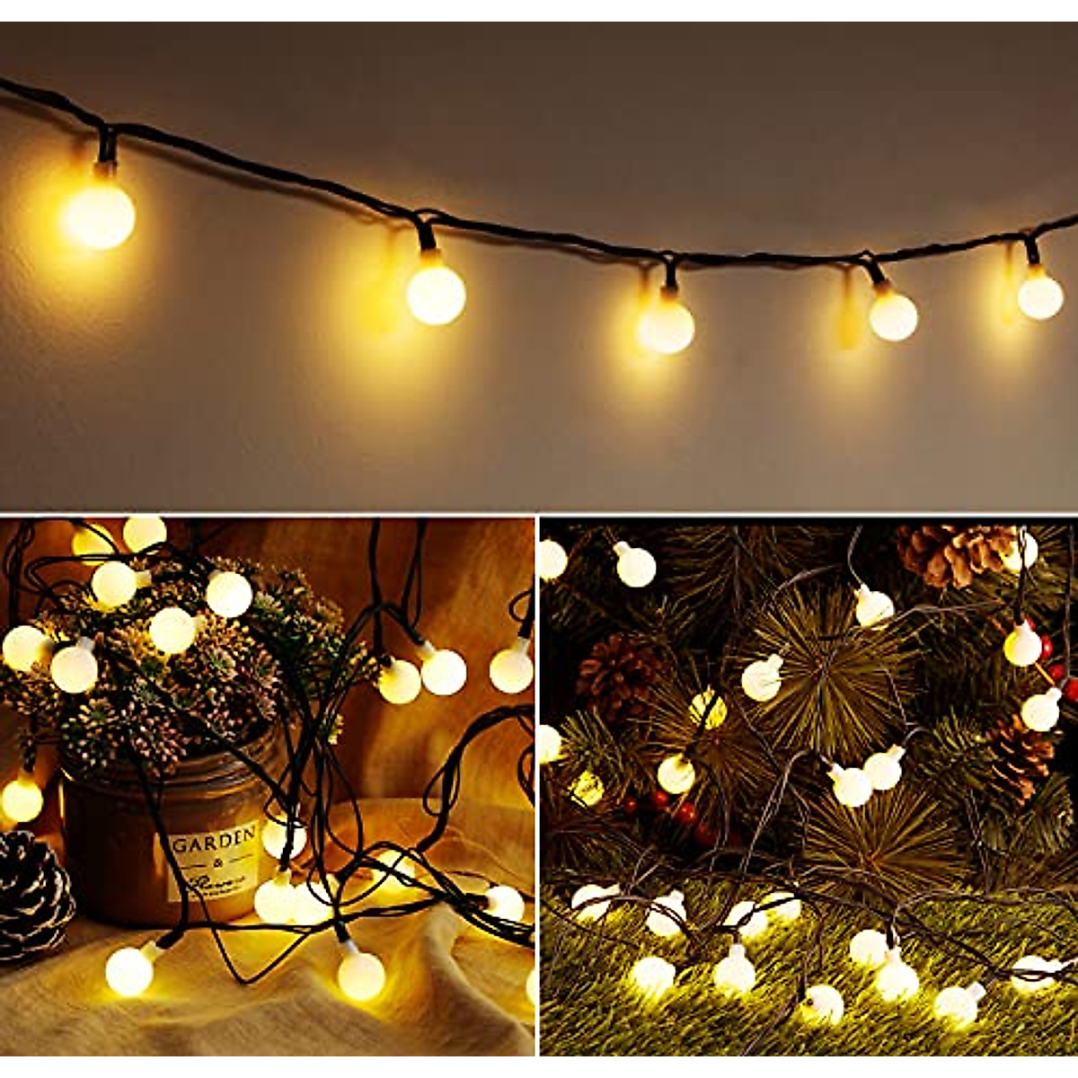 OxyLED Solar String Lights Outdoor Garden Waterproof, 120 LED 66 Ft Globe String Lights Bedroom Indoor Decorative 8 Modes Fairy Lights USB Rechargeable for Patio Backyard Party Wedding Warm White
