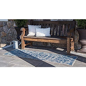 Unique Loom Outdoor Traditional Collection Area Rug - Timeworn (2' x 8' Runner, Blue/ Gray)