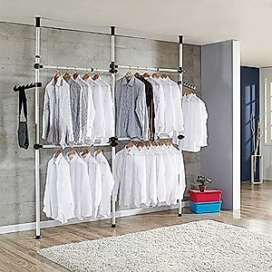 Adjustable Clothing Rack, 2 Tier Double Rod Clothes Rack Freestanding Garment Rack Telescopic Closet Hanger for Hanging Clothes, Floor to Ceiling Rod for Home Bedroom Retail Clothes Organizer