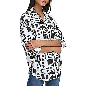 Karl Lagerfeld Paris Women's Logo Oversize Blouse, Black/White Combo